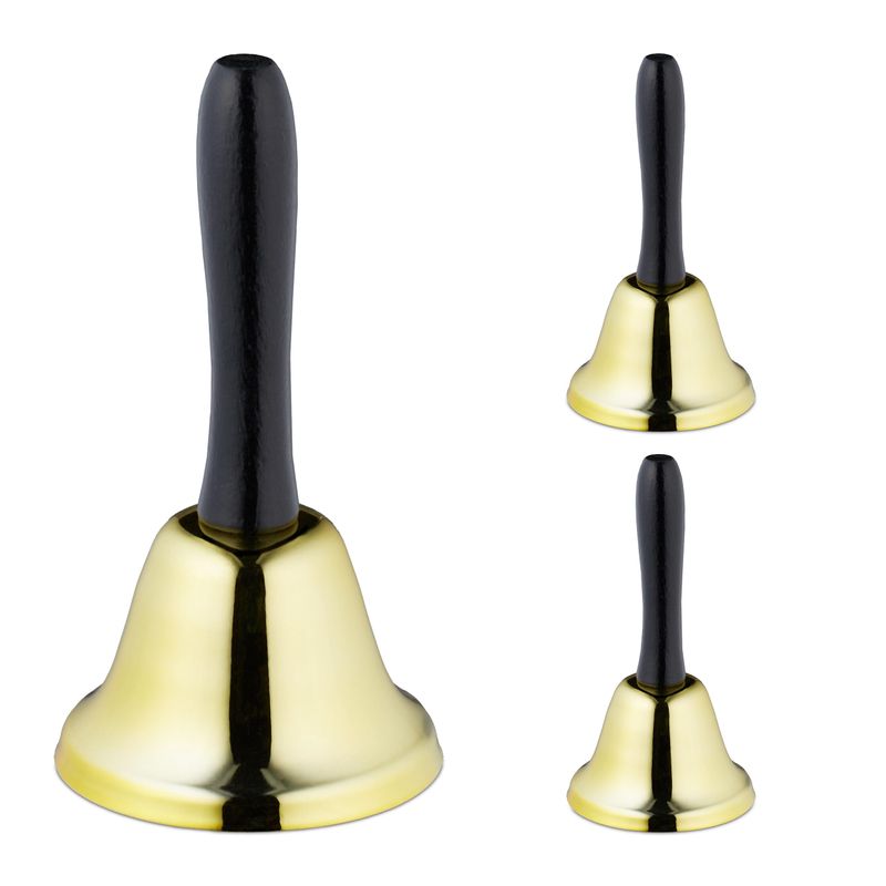 Relaxdays Hand Bells Set of 3 Loud Sound Metal Handbell Wooden Handle ...