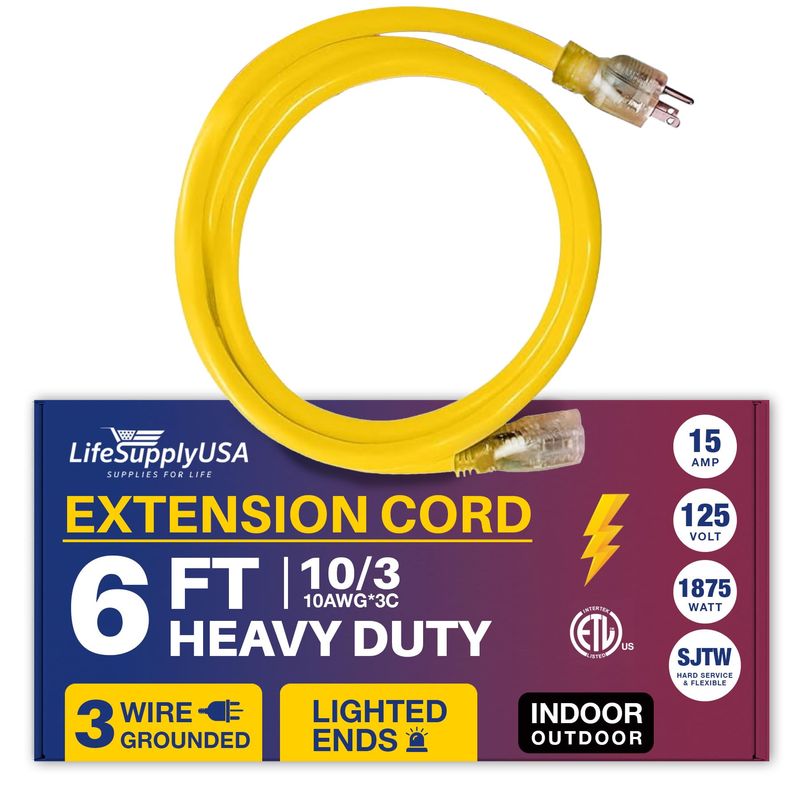 6 ft Power Extension Cord, Indoor Outdoor, Heavy Duty, 3 Prong SJTW, 10 ...