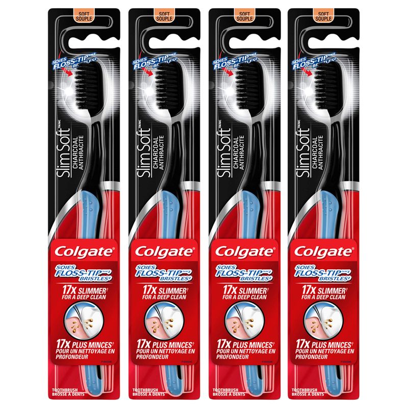 Colgate Slimsoft Floss-Tip Charcoal Toothbrush, Soft (4 Count ...