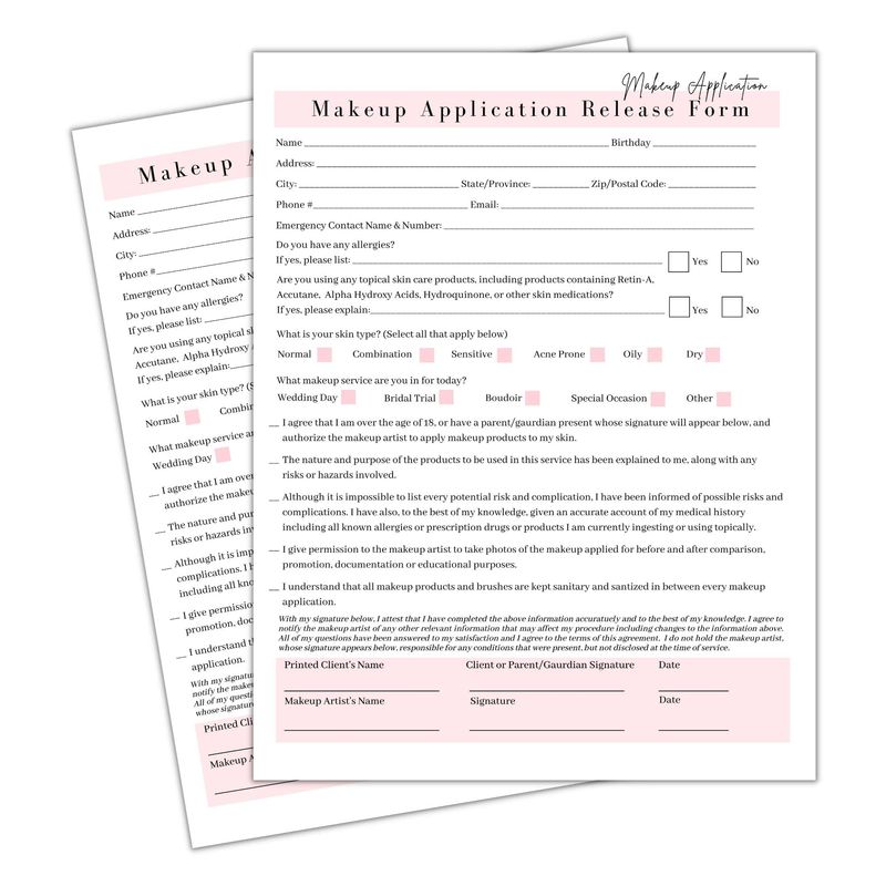 Makeup Application Release of Liability Forms | 50 Pack | 8.5x11" inch ...