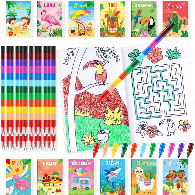 24 Summer Coloring Books with 24 Stacking Crayons Beach Flamingo ...