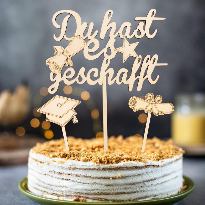 Gleevio Du Hast es Geschafft Cake Topper, Wood, Pack of 3 Graduation Cake Decoration, Graduation ...