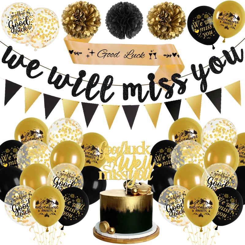 We Will Miss You Banner - Farewell Party Decoration Black Gold, We Will Miss You, Good Luck Sash ...