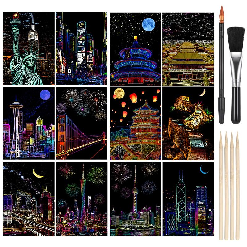 12 PCS Scratch Art Paper, DIY Scratch Art with Scratching Tools Kit ...