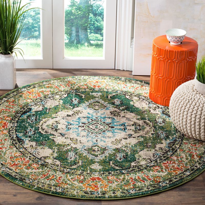 SAFAVIEH Monaco Collection Area Rug - 3' Round, Forest Green & Light ...