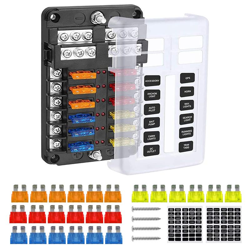 Tawveml 12-Way Blade Fuse Block W/Negative Bus – ATC/ATO Fuse Box Holder with Ground, LED ...