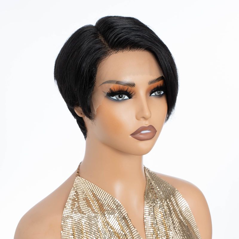 DÉBUT Human Hair Pixie Wig Side Part Lace Front Wigs with Side Fringe ...