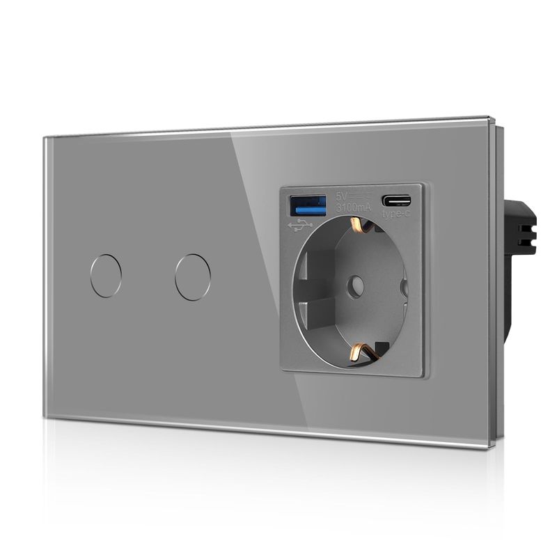 CNBINGO Glass Light Switch and USB Schuko Socket Flush-Mounted (Type-C ...