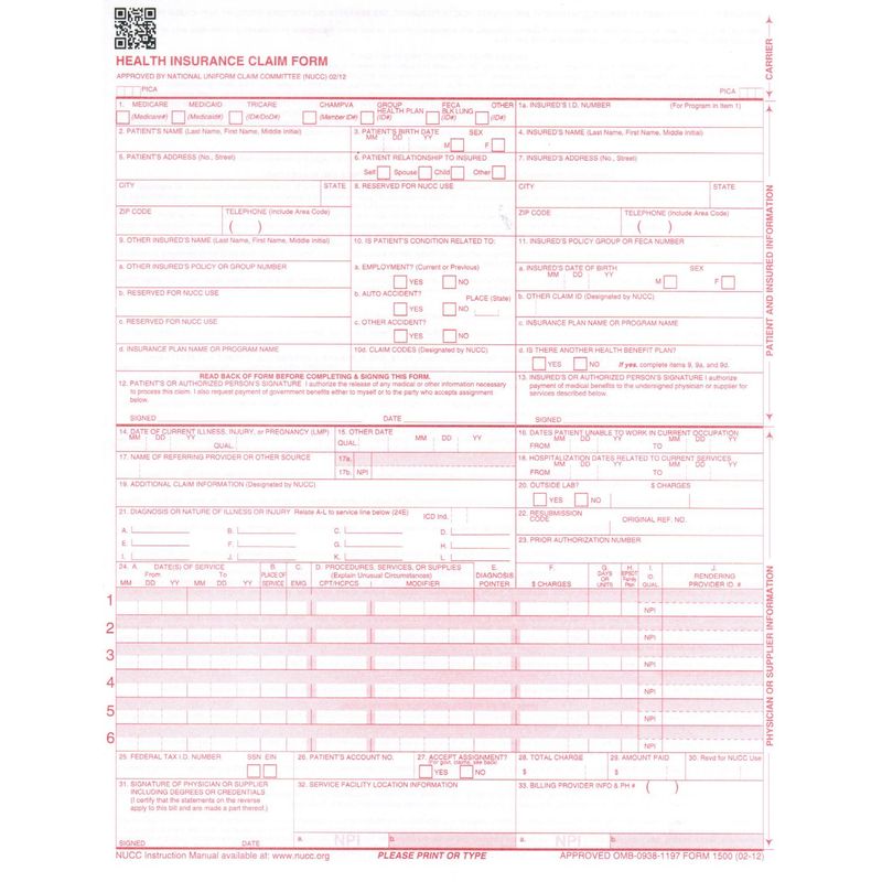 New CMS 1500 Health Insurance Claim Forms, HCFA Approved Version (02/12 ...