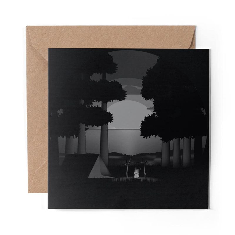1 x Greeting Card BW - Camping Forest Tent Camp Fire - Blank Birthday Celebration Anniversary ...