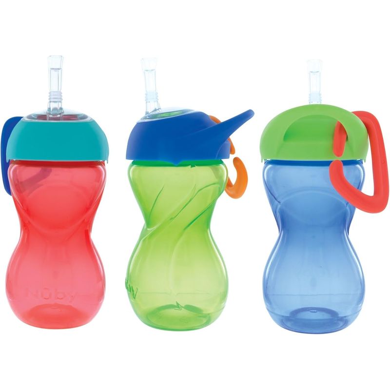 Nuby No-Spill Clik-It Flexi Straw Sippy Cup with Carabiner Clip - (3-Pack) 10 oz - Baby Sippy ...