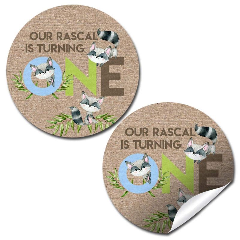 Our Little Rascal Cute Raccoon First Birthday Thank You Sticker Labels ...