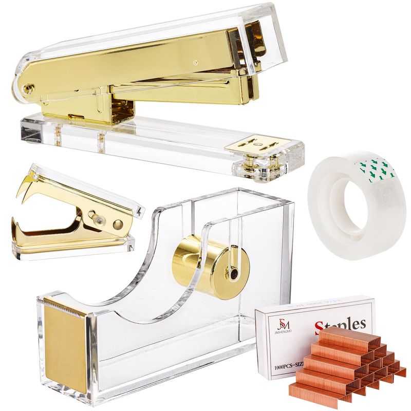 Hiceeden Desk Set with Gold Stapler and Tape Dispenser, Includes Staple ...