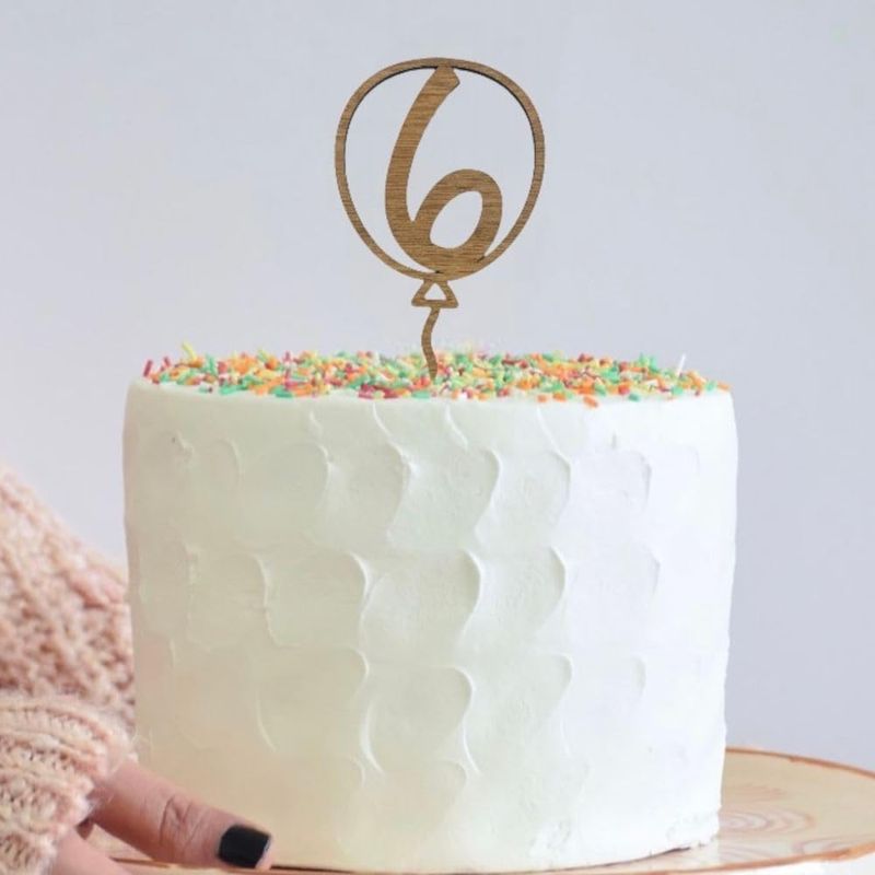 Wooden Number 6 Cake Topper, 6th Birthday Balloon Shape Oak Cake Topper ...