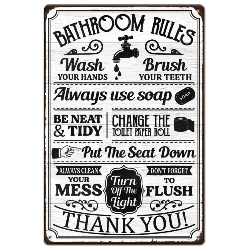 SUPERDANT Bathroom Rules Tin Sign - Metal Wall Art for Toilet & Sink ...