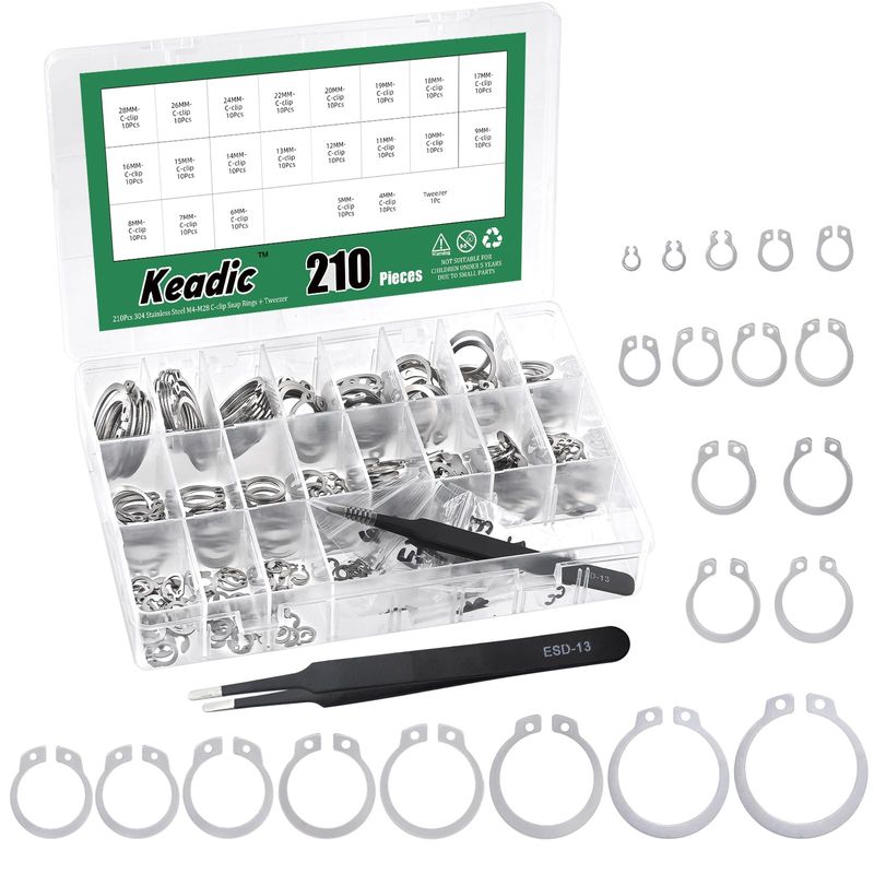 Keadic 211 Pieces 21 Sizes C-Clip Internal Snap Rings Assortment Kit with Tweezers, 304 ...