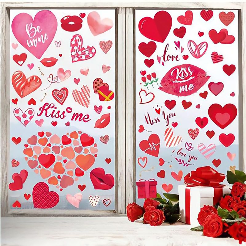BFSYRR Valentine Stickers, Pink Heart Window Decals, 9 Sheets, Vinyl ...