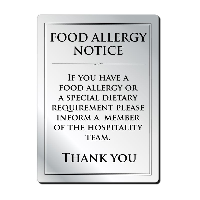 Food Allergy Sign Notice Allergen Intolerances "Inform Hospitality Team ...