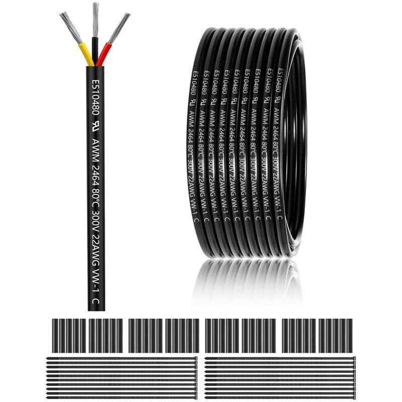 22 AWG 3×0.3mm² 3 Core 12V 24V Electrical Wire 100FT/30M, 22 Gauge 3 ...