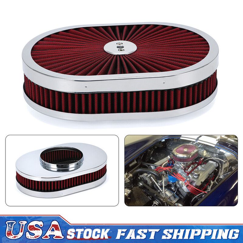 RED 12inch Oval Flow Thru Hot Rod Air Cleaner Washable SBC BBC For ...