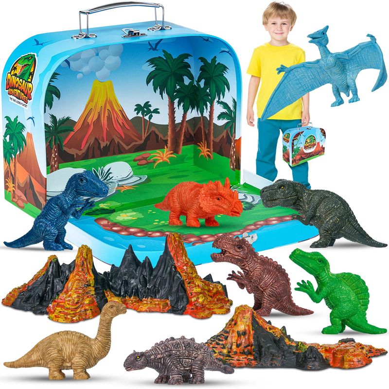 Team Power Dino Carry Case Set - with Play Scenery Inside, 8 Dinosaur Figures & 2 Volcanic ...