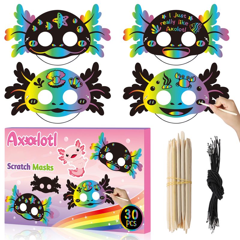 B1ykin 30Pcs Axolotl Scratch Mask Gift Set, DIY Magic Scratch Axolotl ...