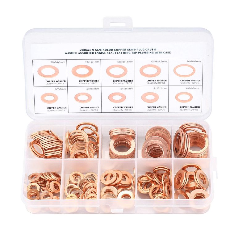 200 Pcs Copper Washers Assorted, Flat Washers Kit, 9 Sizes Sealing Ring ...