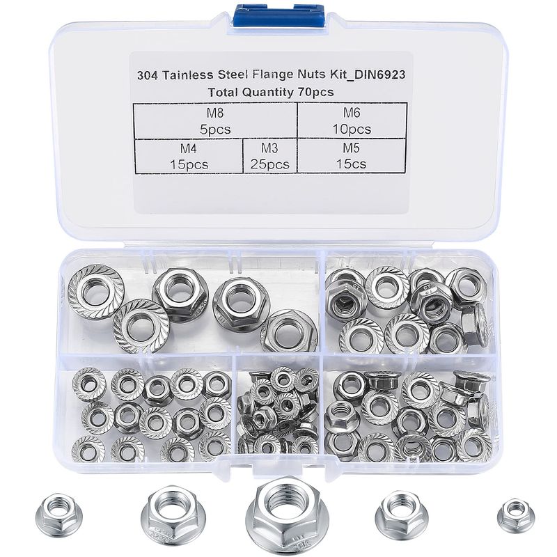 70 Pcs Hex Nuts, Lock Nuts with Flange Self-Locking, Flange Nuts with Serrations, Stop Nuts with ...