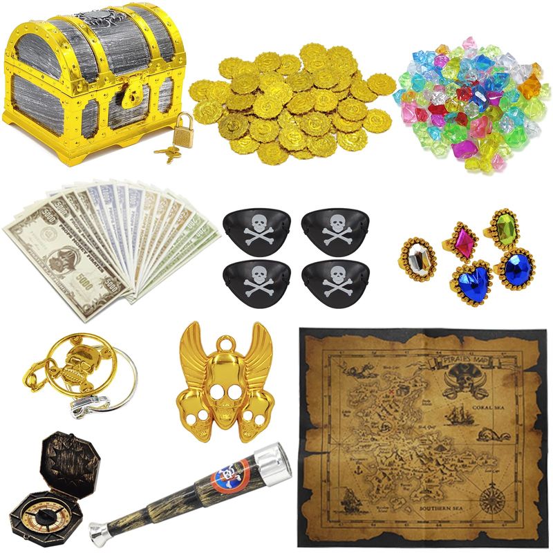 182 Pieces Kids Golden Frame Pirate Treasure Chest Toy Set with Lock ...
