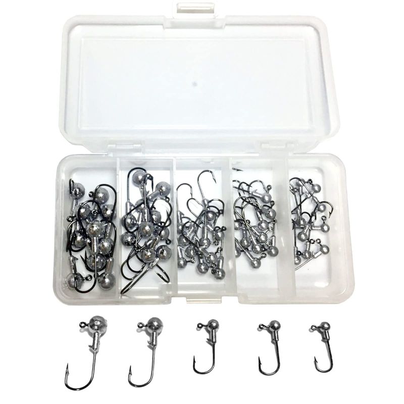 Bucht 5 Size Jig Heads Set of 50 1g 1.5g 2g 3.5g 5g with Tackle Box for ...