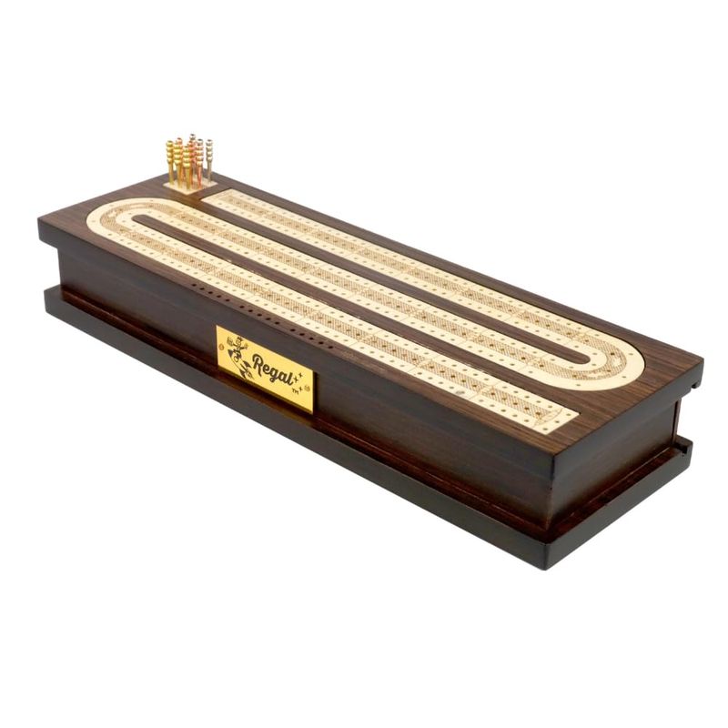 Regal Games Cribbage Board Game Set with Card Storage, Wooden Board & 9 ...