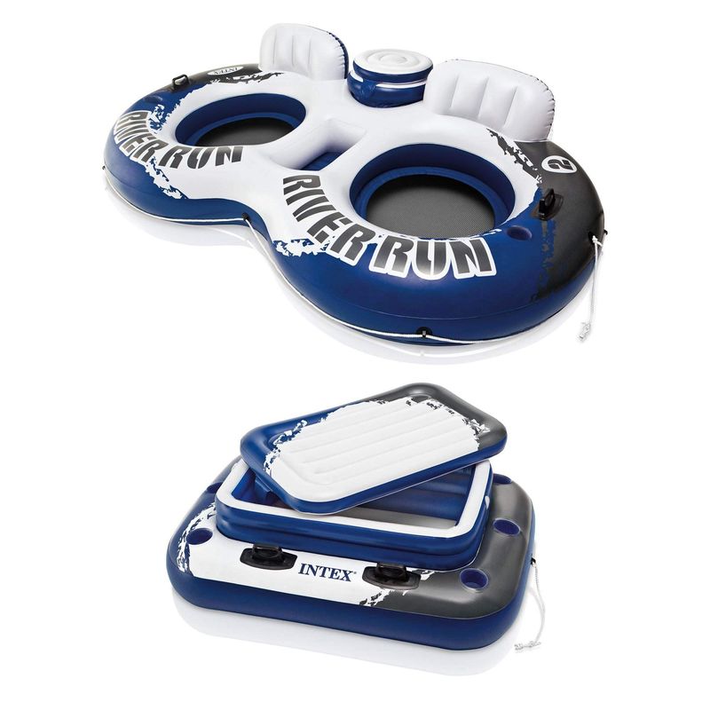 Intex River Run II Inflatable 2 Person Pool Tube Float + Floating Drink ...