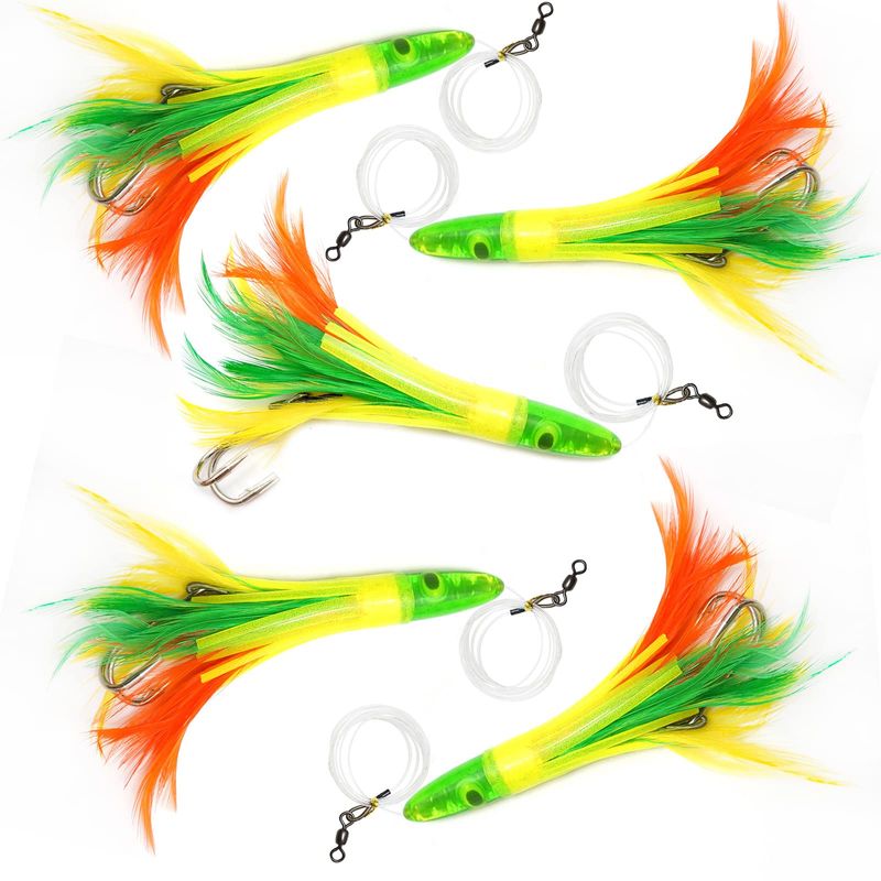 5pcs Fish WOW! 6" Fishing Tuna Feather Rig Trolling Bullet Jet Head ...