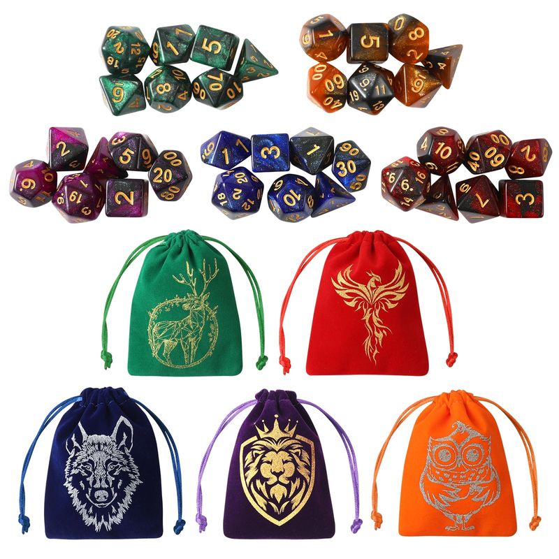 Grajar 35Pcs DND Dice Set with 5 Colorful Animal Patterned Dice Pouches ...