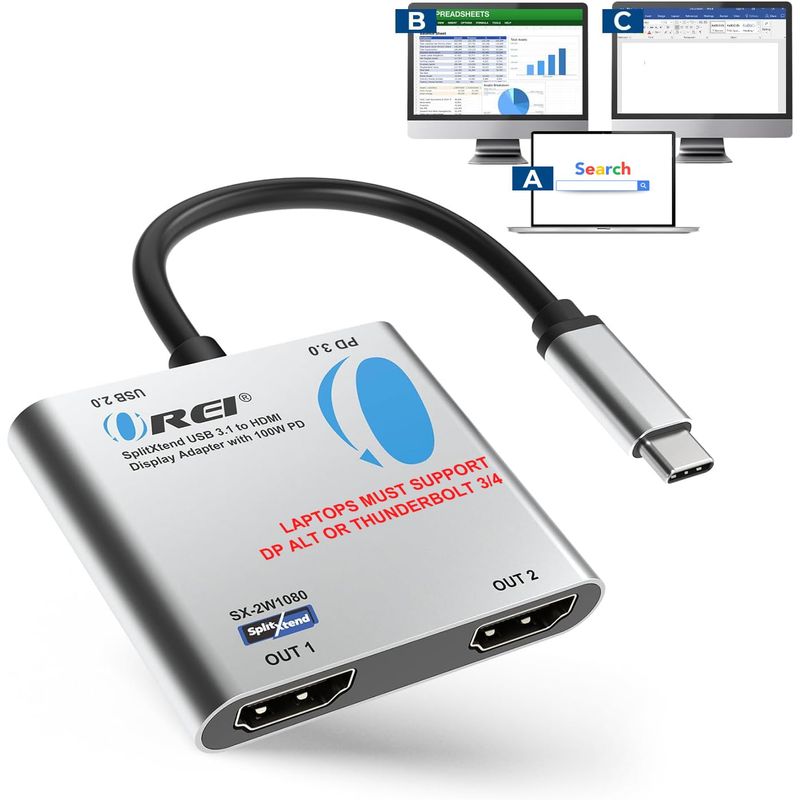 OREI SplitExtend HDMI Splitter Extended Display for Windows Only Dual ...