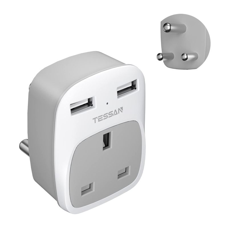 UK to India Plug Adapter with 2 USB, TESSAN Grounded UK to India Travel ...