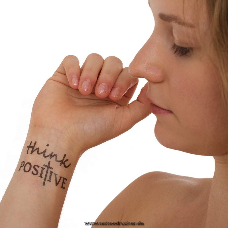 1 think Positive Tattoo Cross Lettering in Black Temporary Skin Tattoo ...