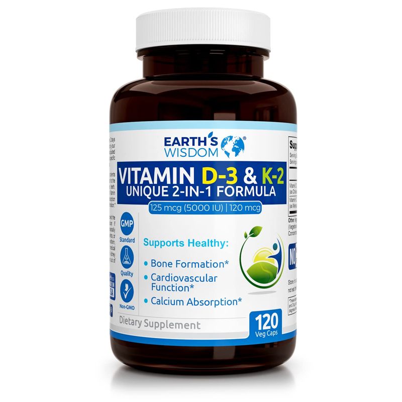 Earth's Wisdom Vitamin D3 5000 IU with K2 (MK7) Formula. Muscle, Bone ...