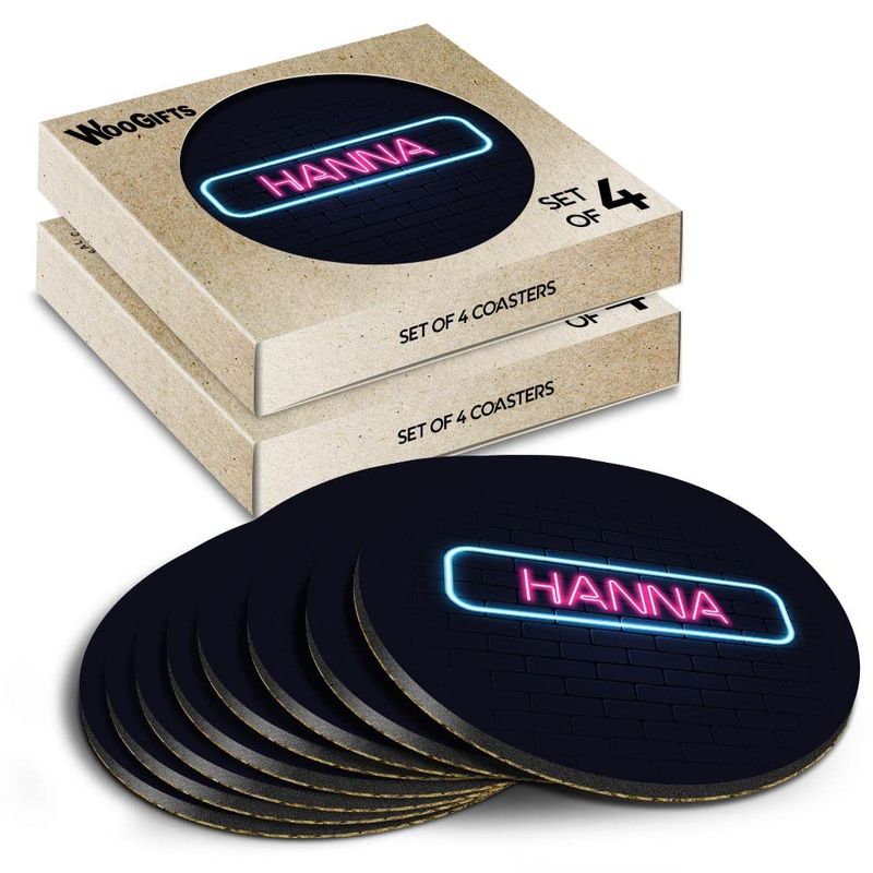 8 x Round Coasters - Neon Sign Design Hanna Name Cork Backed MDF Glossy ...