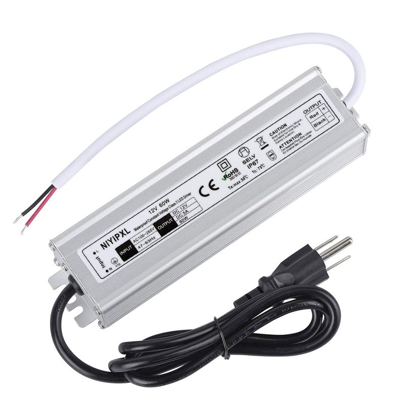 LED Driver 60 Watts Waterproof IP67 Power Supply Transformer Adapter 100V-265V AC to 12V DC Low ...