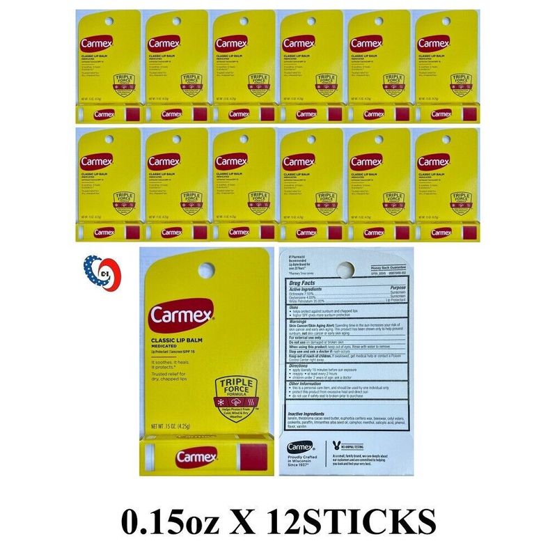 Carmex Classic Lip Balm Medicated SPF-15 Sticks 12-Pack with Display ...