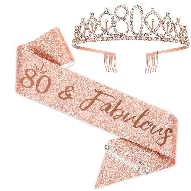 80th Birthday Sash and Tiara for Women, Rose Gold Birthday Sash Crown 80 & Fabulous Sash and ...