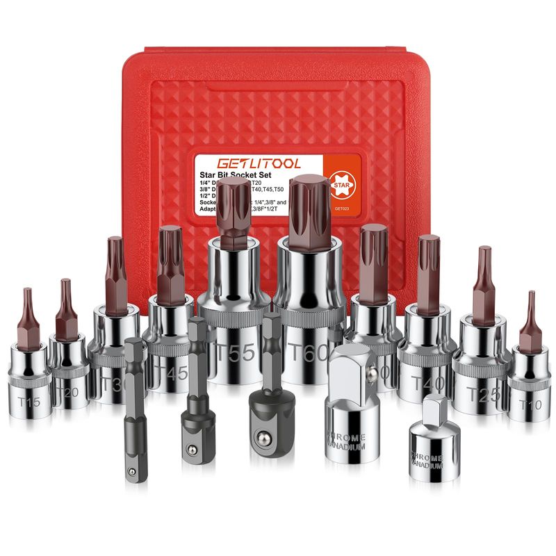 GETLITOOL Torx Bit Socket Set, Premium S2 Alloy Steel Star Bit Socket Set T10-T60, 15 Piece Torx ...