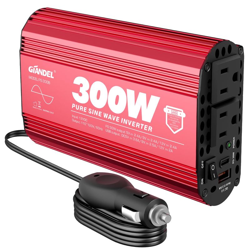 300Watt Pure Sine Wave Power Inverter for Car with PD30W Type C and QC ...