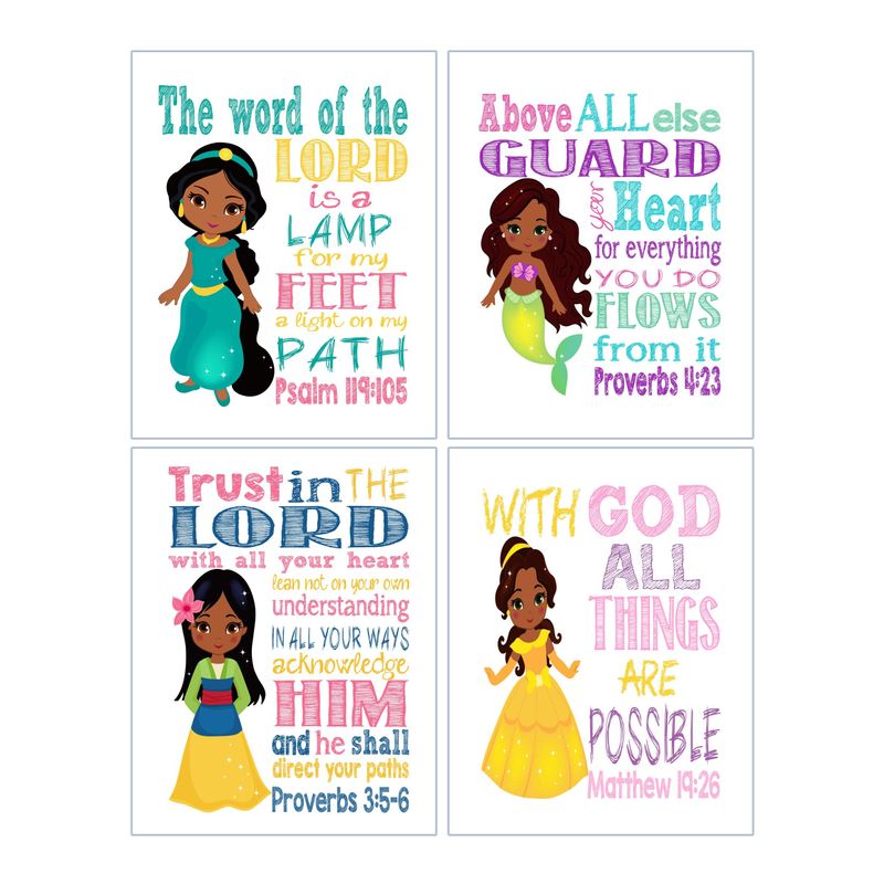 African American Princess Christian Nursery Decor Set of 4 Prints ...
