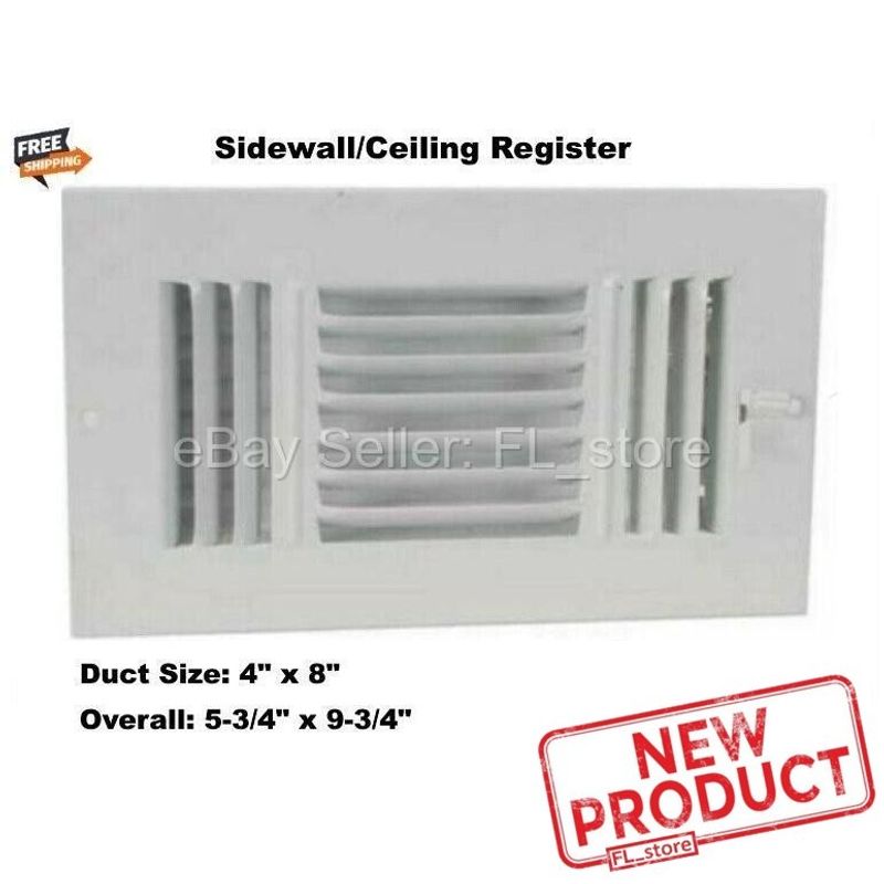 Air Register 4" x 8" Duct Size Wall Ceiling White 3-Way AC Conditioning ...
