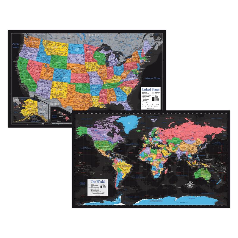 2 Pack - Laminated World Map & US Map Poster Set - Wall Chart Map of ...