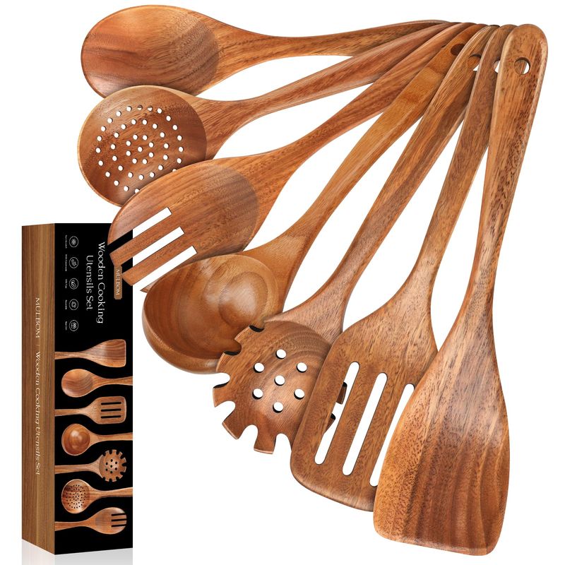 MULBOM 7 PCS Wooden Spoons for Cooking Natural Teak Kitchen Utensils ...