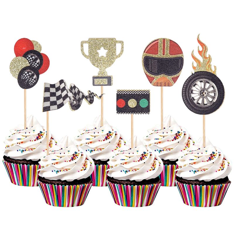 24 PCS Race Car Cupcake Toppers Assembled Helmet Traffic Light Wheel ...