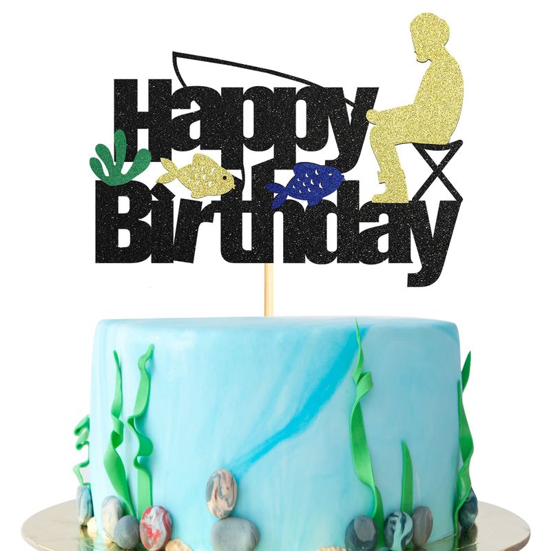 Sotpot 1 pcs Glitter Gone Fishing Birthday Cake Topper, Fisherman Cake ...